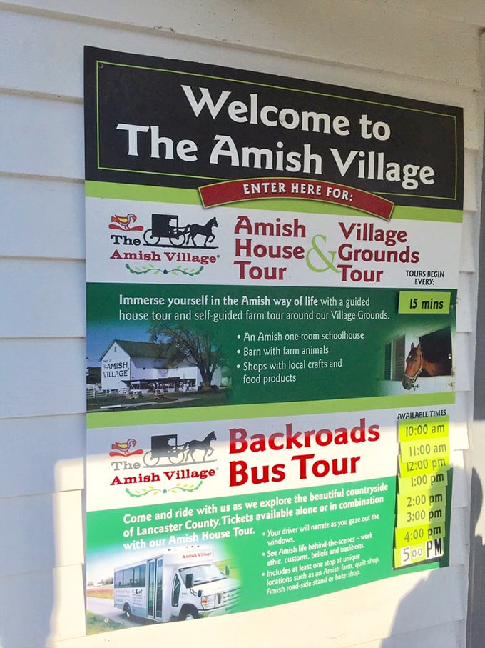 The welcome sign lays out your options for exploration—house tours, grounds tours, and backroads adventures await the curious visitor.