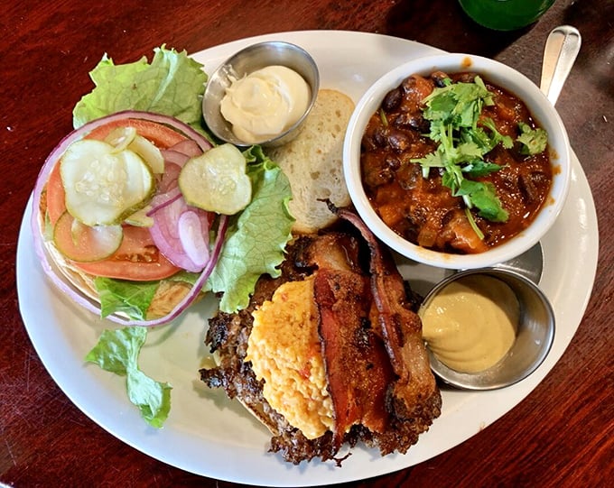 The Trailer Park Burger with its perfectly runny egg—breakfast and lunch having a delicious affair on your plate.
