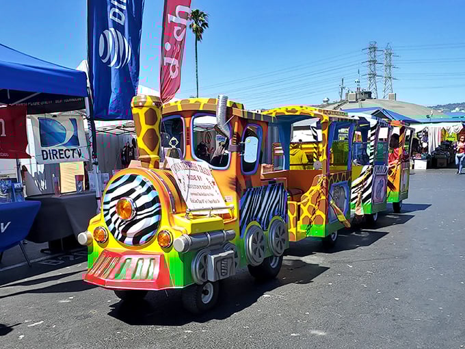 All aboard the whimsy express! This colorful trackless train brings smiles to young faces while giving parents' feet a much-needed break.