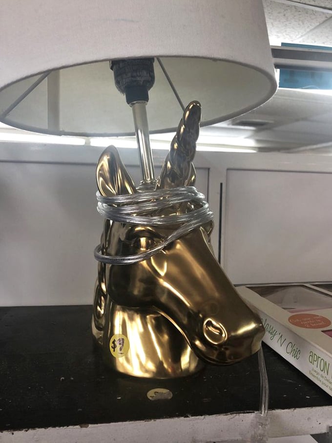 This golden unicorn lamp isn't just illuminating a room—it's lighting up someone's day with its magnificent kitsch factor.
