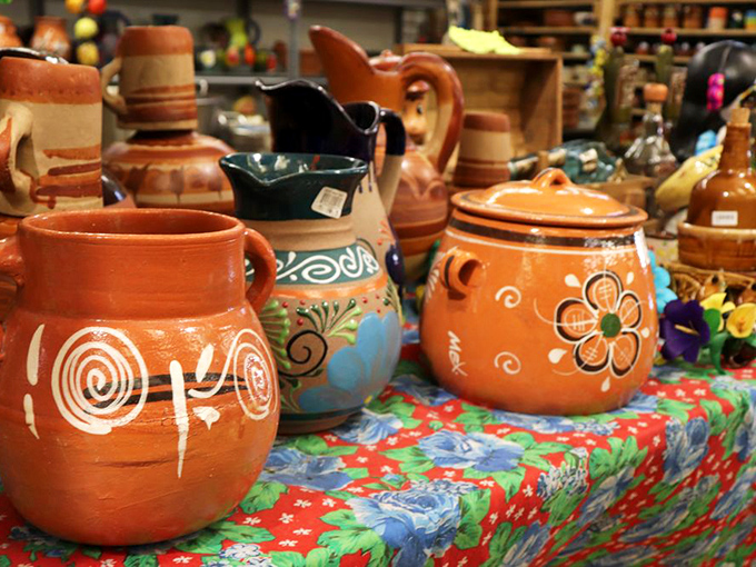 Hand-painted pottery brings authentic Mexican craftsmanship to Georgia, with colors vibrant enough to brighten any kitchen counter.