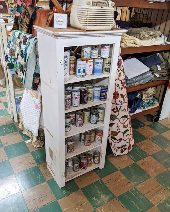 A shrine to vintage advertising that doubles as practical storage. Those old beer cans tell more stories than most history books—and look better doing it.