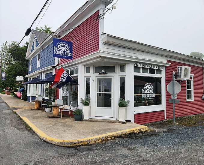 The General Store wears its patriotic colors proudly. Part grocery, part community center, all charm – they probably know your order before you do.