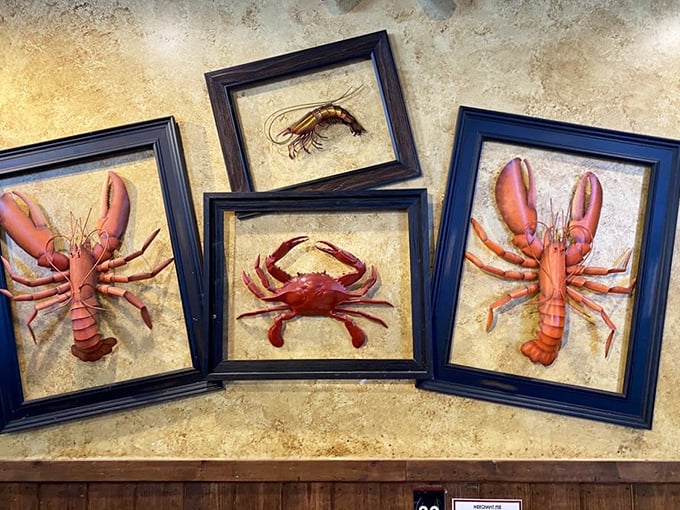 The wall art celebrates the restaurant's ocean-dwelling stars in frames – like a seafood hall of fame watching over your meal.