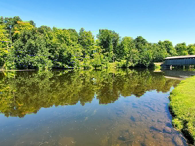 The Flat River's glassy surface perfectly mirrors the surrounding greenery, creating a moment of symmetry worth pulling over for.