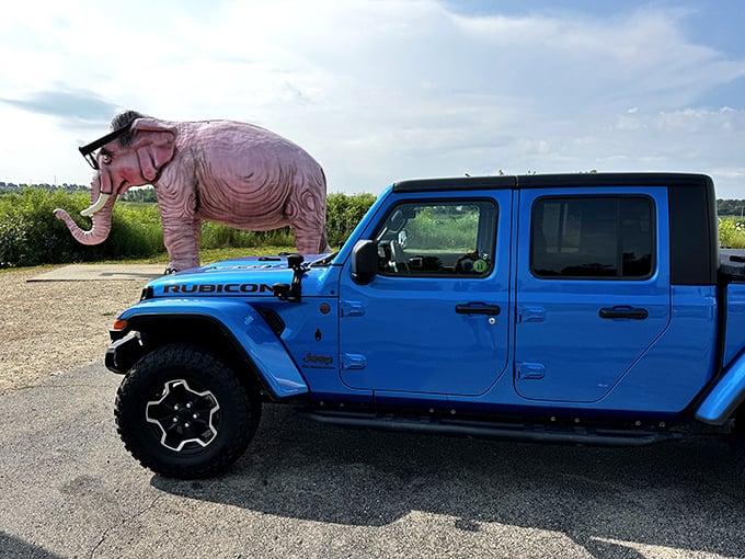 "Yes, my Jeep is blue, but the real conversation starter is my friend in pink behind me."
