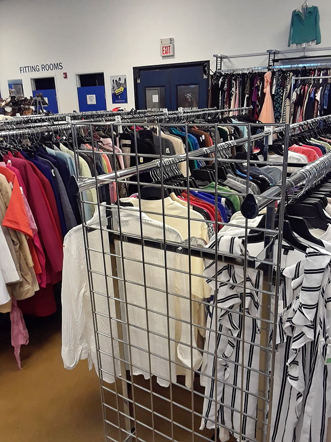 Fashion democracy in action—racks upon racks of women's clothing where designer labels mingle with everyday brands in perfect harmony.