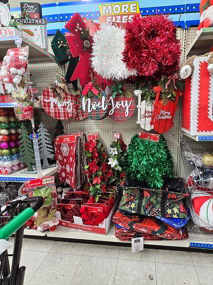 Holiday cheer explodes in fuzzy wreaths and plaid signs proclaiming "Noel" and "Joy"—Christmas spirit available by the cartload.