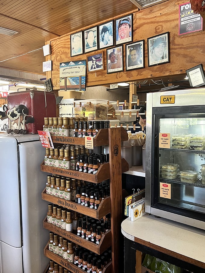 A display that could only exist in a place with personality—Jack Daniel's bottles alongside deli containers. Florida beach casual meets country store charm.