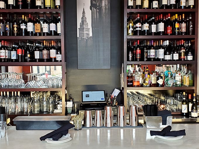 The bar setup speaks of serious drinking intentions, with enough bottles to satisfy everyone from your wine-loving aunt to your craft-cocktail-obsessed nephew.