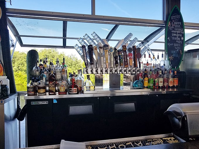 The bar gleams with promise under natural light – each bottle a potential vacation in a glass after a long day of Florida sun.