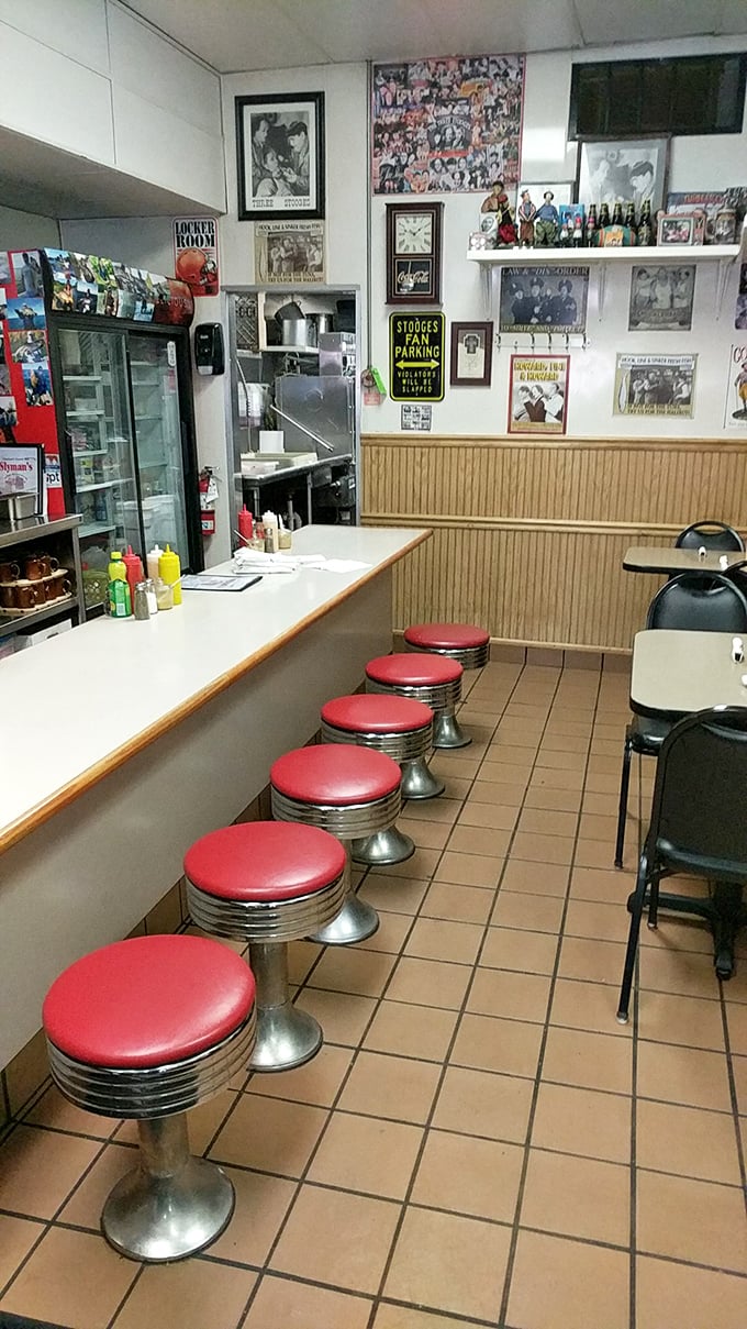 Red counter stools invite you to belly up to sandwich paradise – where regulars and first-timers share the religion of good eating.