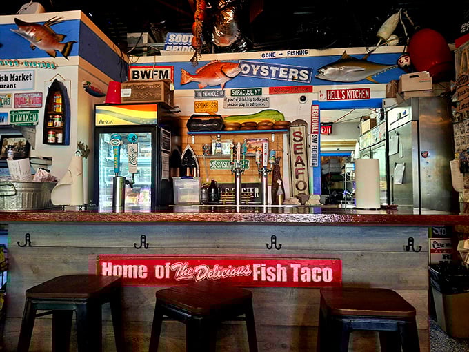 "Home of The Delicious Fish Taco" isn't just a sign—it's the understatement of the year for this seafood sanctuary.