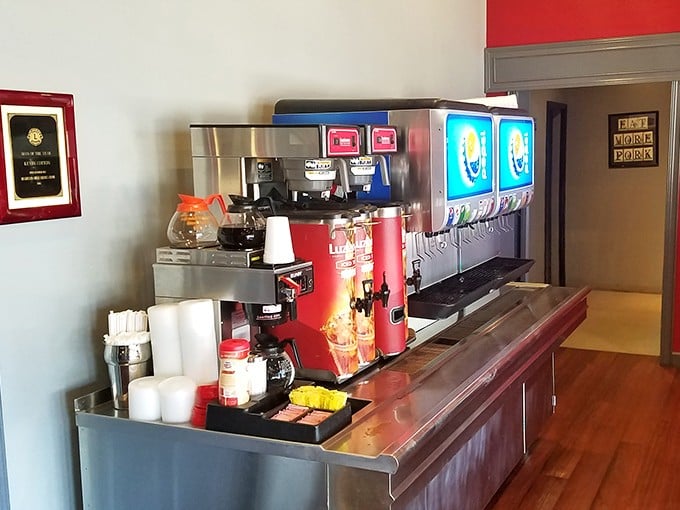 Sweet tea dispensers and coffee makers standing ready to fuel your barbecue and burger adventures all day long.