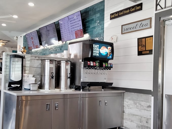 Sweet tea dispensers standing at attention like soldiers guarding the most precious resource in the South – properly sweetened hydration.