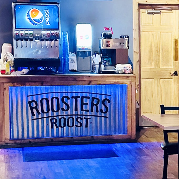 Even the beverage station gets the Roosters Roost treatment – clean, branded, and ready to quench your thirst after tackling that legendary Italian hoagie.