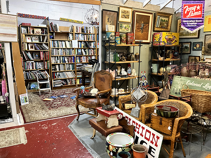 Books, baskets, and vintage seating – the perfect corner for bibliophiles who judge books by their covers and furniture by its patina.