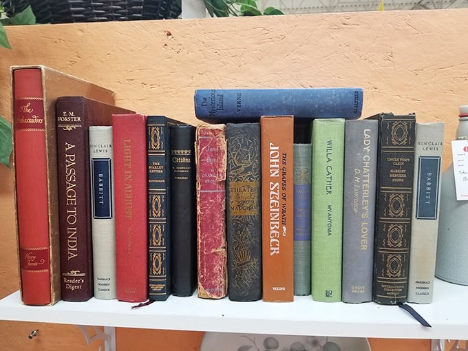 Literary treasures stand at attention—Steinbeck rubbing spines with Sinclair Lewis like old friends at a high school reunion.