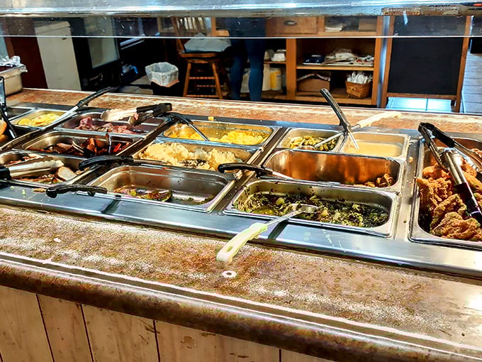 The buffet line at Magnolia Blossom is like a greatest hits album of Southern cooking. Each steam tray promises a different delicious memory.