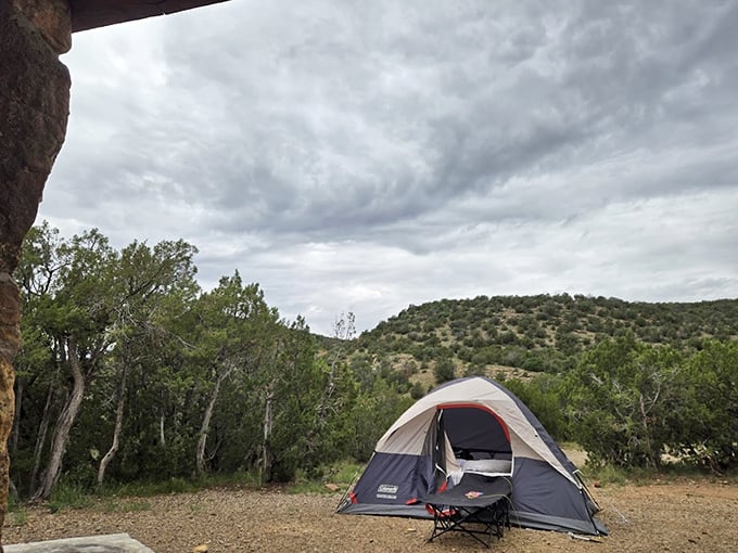 A tent pitched under New Mexico's big sky—five-star accommodations if you count each visible star after sunset.