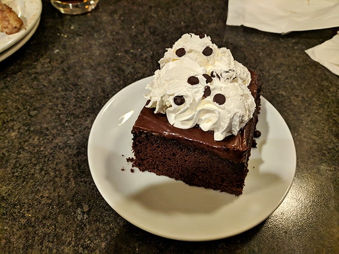 Chocolate cake with whipped cream and chocolate chips—because sometimes you need to eat your feelings, and those feelings are delicious.