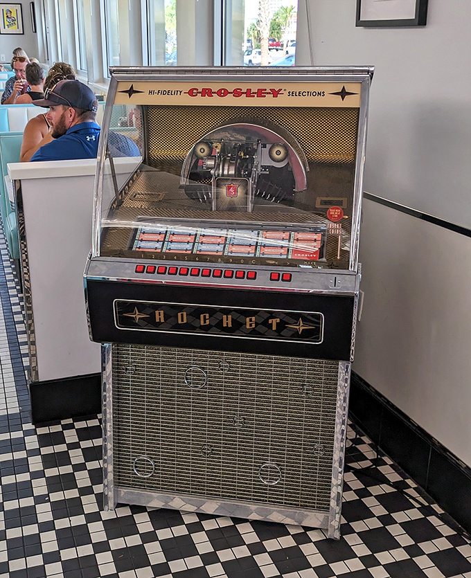The Crosley jukebox stands ready to provide the soundtrack to your meal. Five dimes and "Earth Angel" might just transport you back to 1955.