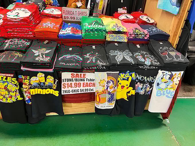 Florida fashion central, where vacation shirts meet rhinestone designs in a rainbow explosion that screams "I'm not from around here" in the best way possible.