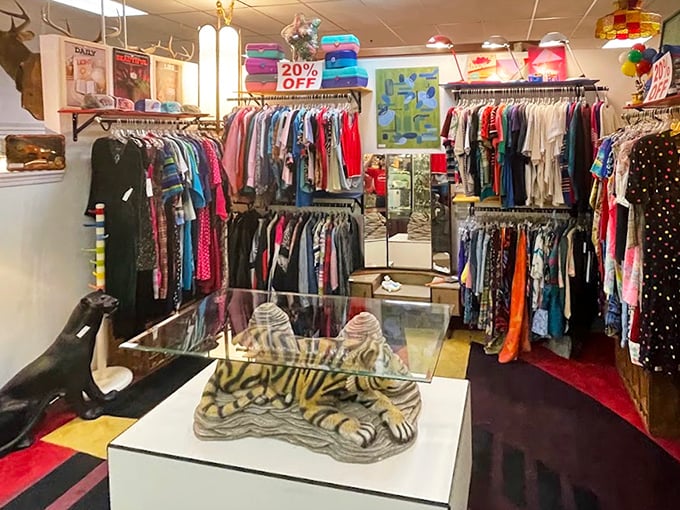 Vintage clothing department where polyester gets the respect it deserves. That tiger coffee table has witnessed some serious living room dance parties.
