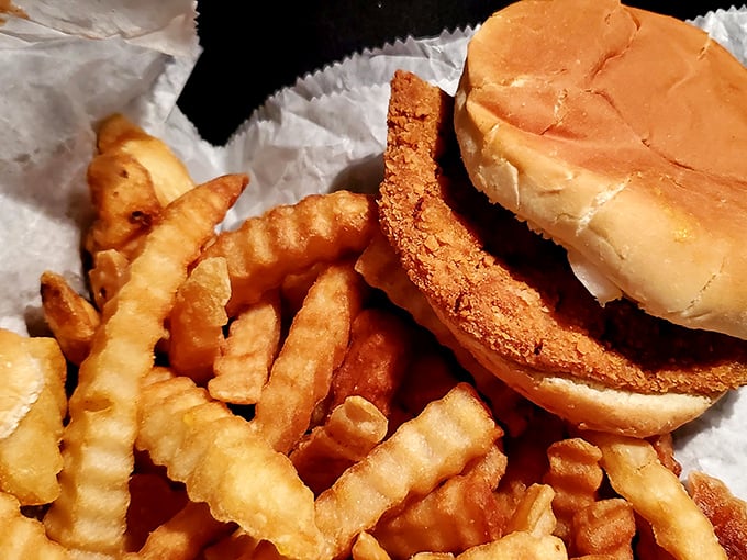 The holy trinity of diner food—crispy tenderloin, golden fries, and a soft bun. No filters needed for this kind of beauty.