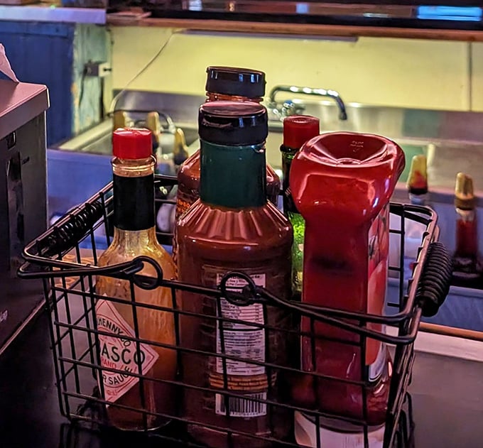 The BBQ condiment caddy – where sauce decisions become life decisions, and every squeeze bottle holds flavor-changing potential.