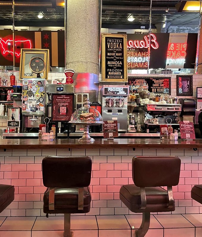 The counter view: where diner dreams come true. Those stools aren't just seats—they're front-row tickets to culinary theater.