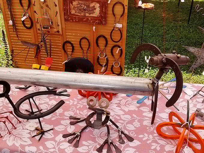 Metal meets imagination in this menagerie of yard art creatures, where horseshoes and old tools transform into whimsical roosters that would make any garden more interesting.