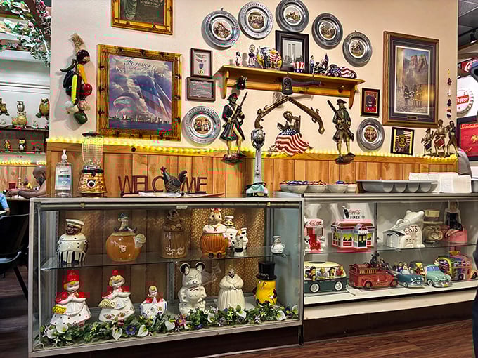 The display case of collectibles tells you this isn't corporate dining – it's a personal space where breakfast is taken seriously.
