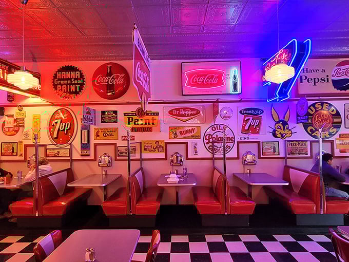 Wall-to-wall nostalgia that doesn't just remind you of the good old days—it insists they never left, one neon beer sign at a time. 