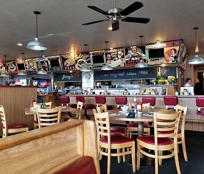 Retro diner vibes with those vintage signs overhead – Jerry's dining area feels like a time machine that happens to serve exceptional breakfast.