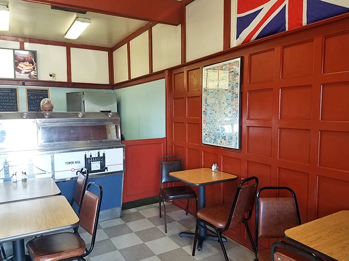 The dining area feels like a cozy British pub teleported to California – minus the rain, plus the sunshine, equal amounts of charm.