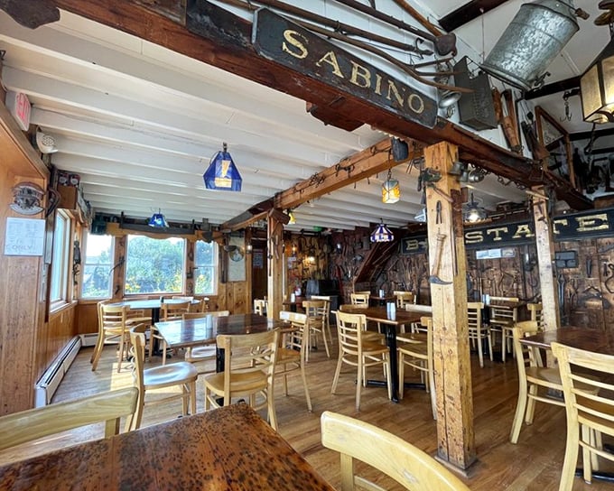 Another angle of the rustic interior where countless seafood dreams have come true. Weathered wood tells stories of meals past.