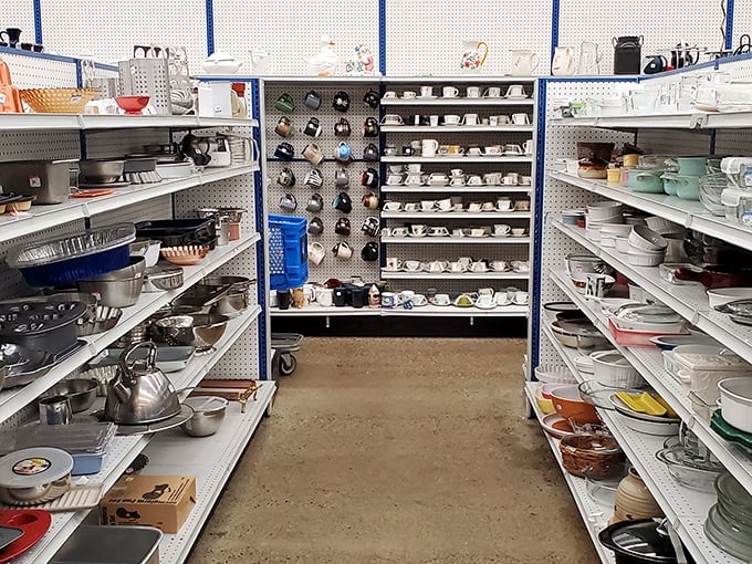 Kitchen alley—where complete dish sets, mismatched mugs, and that specific Pyrex pattern your grandmother had patiently wait for new homes.