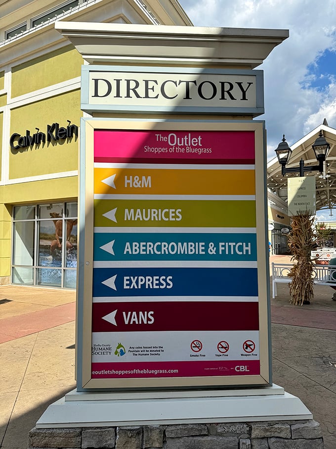 Navigation made stylish—this rainbow directory ensures you'll find H&M, Abercrombie, and retail salvation without wandering aimlessly.
