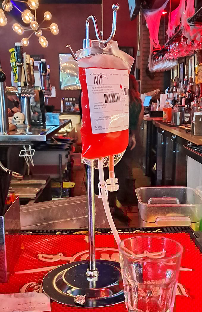 Not your average cocktail service—this IV bag of crimson liquid brings medical horror to happy hour in the most delightful way.