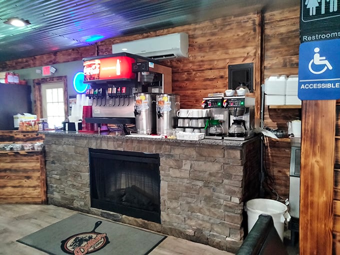 The beverage station with its stone fireplace base adds rustic charm while you contemplate your third cup of coffee this morning.