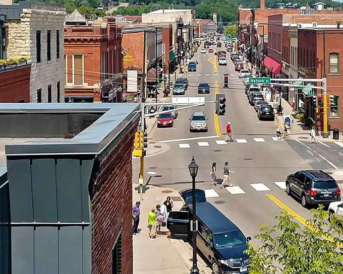 The elevated view reveals Stillwater's clever layout—a town that understood waterfront real estate was prime long before HGTV made it a national obsession.