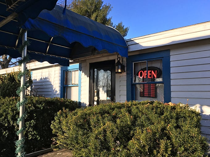 The blue awning and "OPEN" sign – six letters that promise more happiness than most twelve-page contracts. The shrubs stand guard over breakfast treasures.