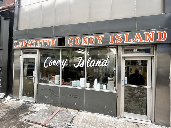 Winter exterior proves Detroiters will brave any weather for their coney fix – dedication at its finest.