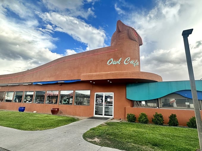 Another angle of the magnificent owl building – like a Southwest roadside attraction that actually delivers on its promise.