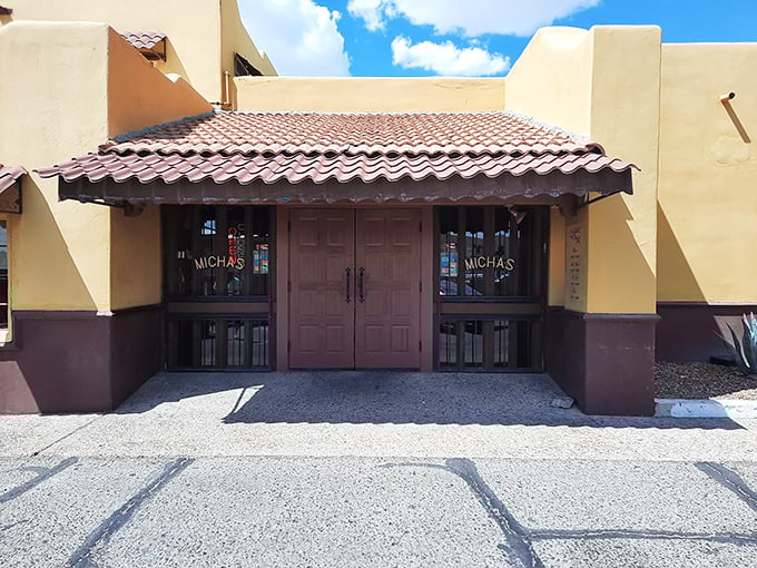 Sunshine bathes the entrance in golden light, as if nature itself is highlighting the pathway to flavor paradise.