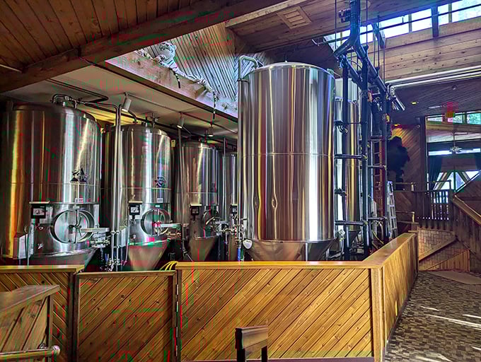 Brewing equipment as industrial art. These stainless steel tanks aren't just functional—they're a visual reminder that your beer traveled mere feet to reach your glass.