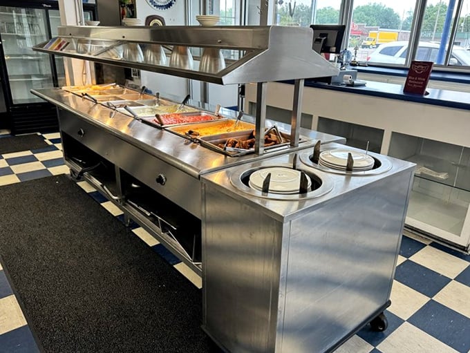 The steam table doesn't lie—this is where home-style cooking meets restaurant efficiency, keeping Southern classics hot and ready.