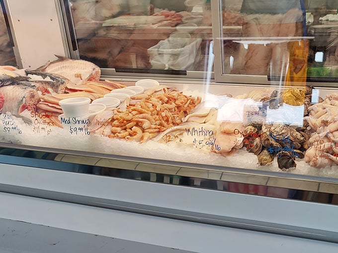 The display case – where the ocean meets the prairie. Fresh shrimp, fish, and seafood treasures await those wise enough to seek out this Kansas City gem.