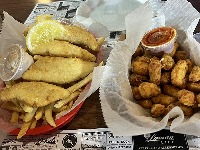 The fried perch basket with a side of cheese curds represents the Midwest's answer to coastal seafood towers – unpretentious yet utterly satisfying.